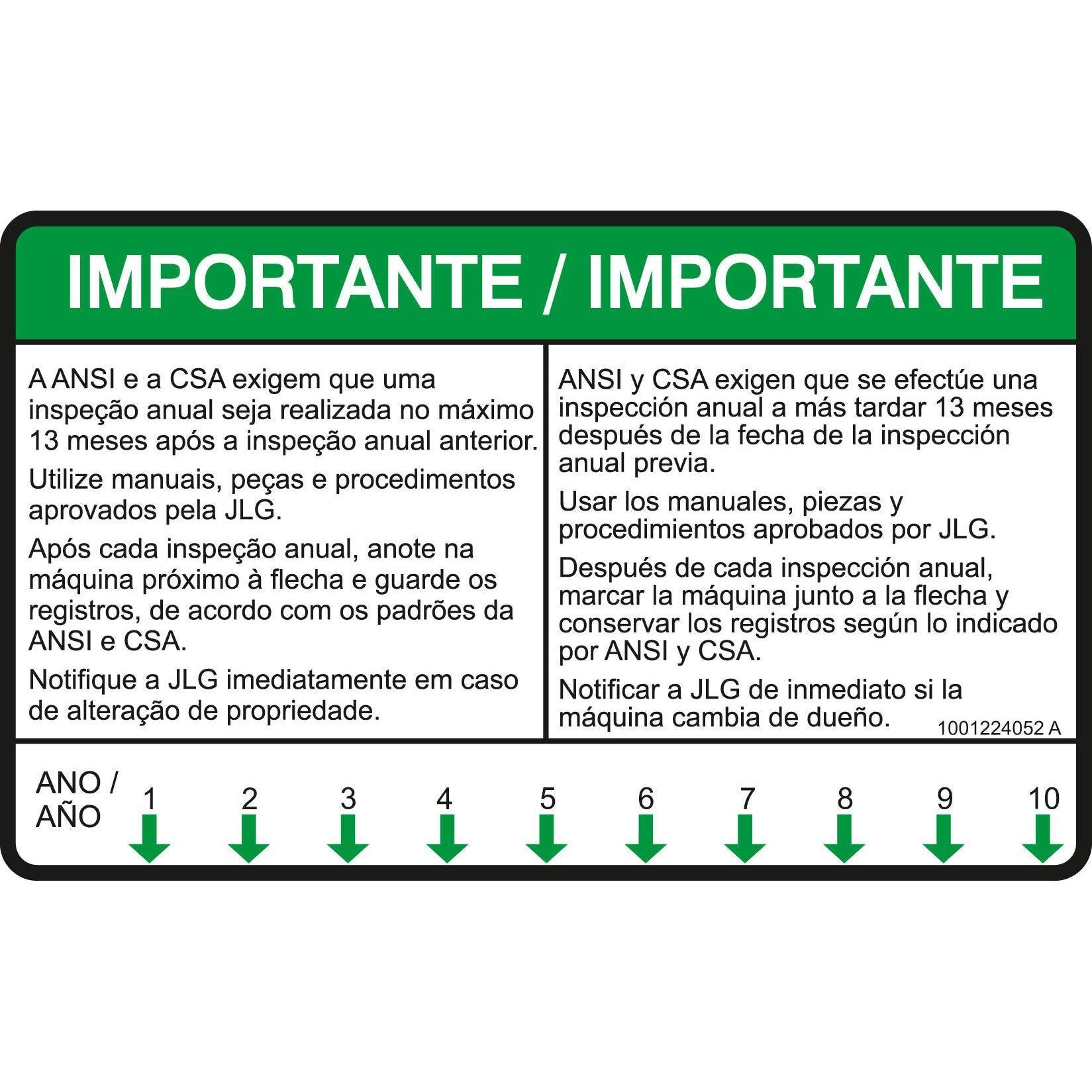 JLG Part # 1001224052 - DECAL, YEARLY INSP (LAT POR/SPA)