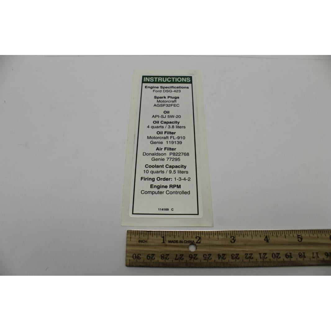Genie Part # 114169, 114169GT - DECAL, FORD ENGINE SPEC DSG423
