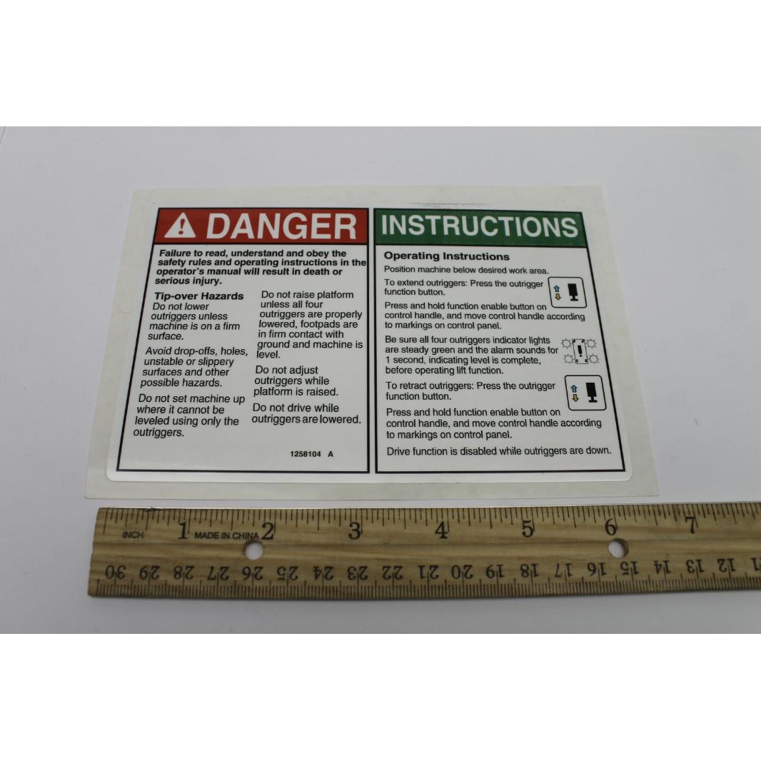 Genie Part # 1258104, 1258104GT - DECAL, DANGER, OUTRIGGER SAFETY