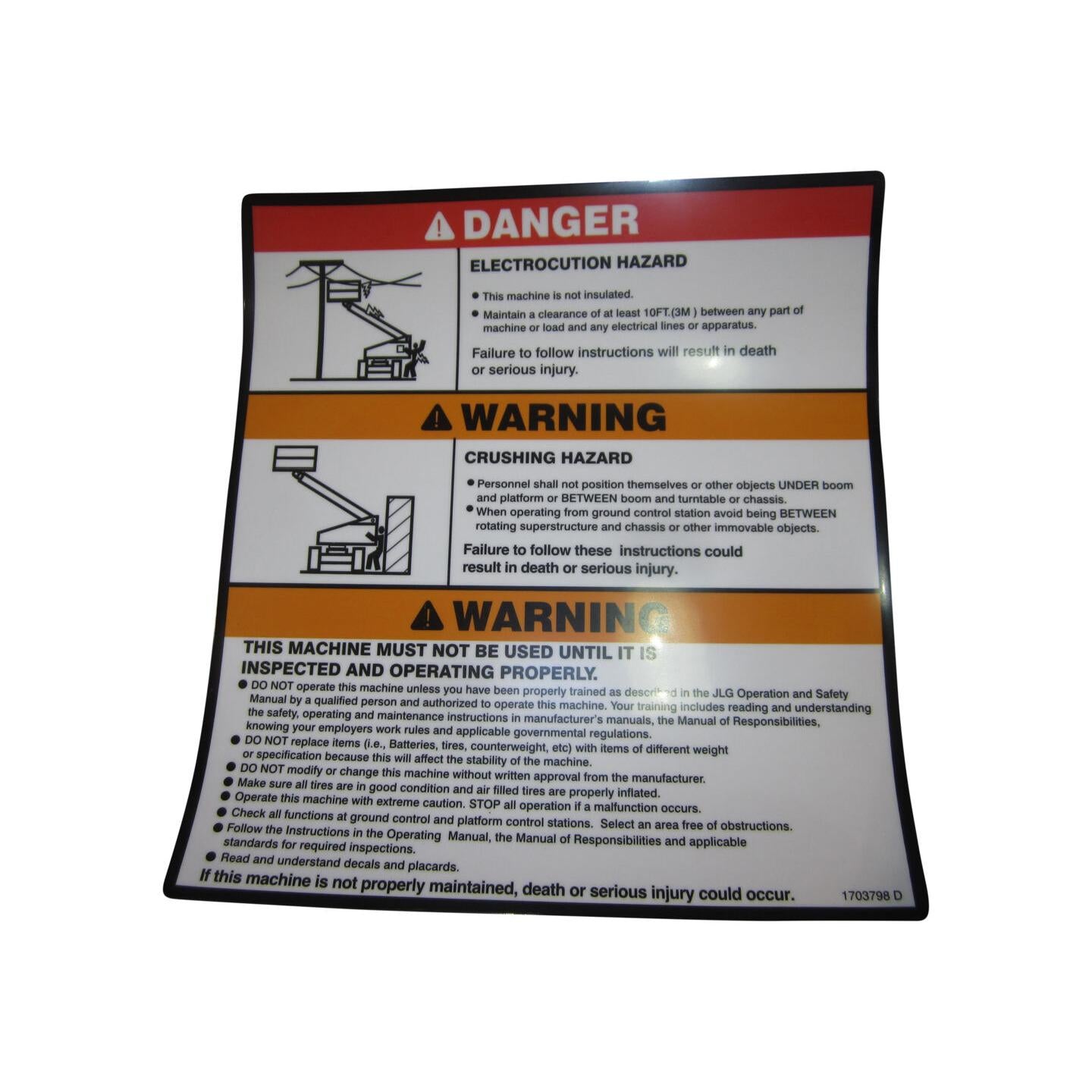 JLG Part # 1703798 - DECAL, WARNING/DANGER MTB