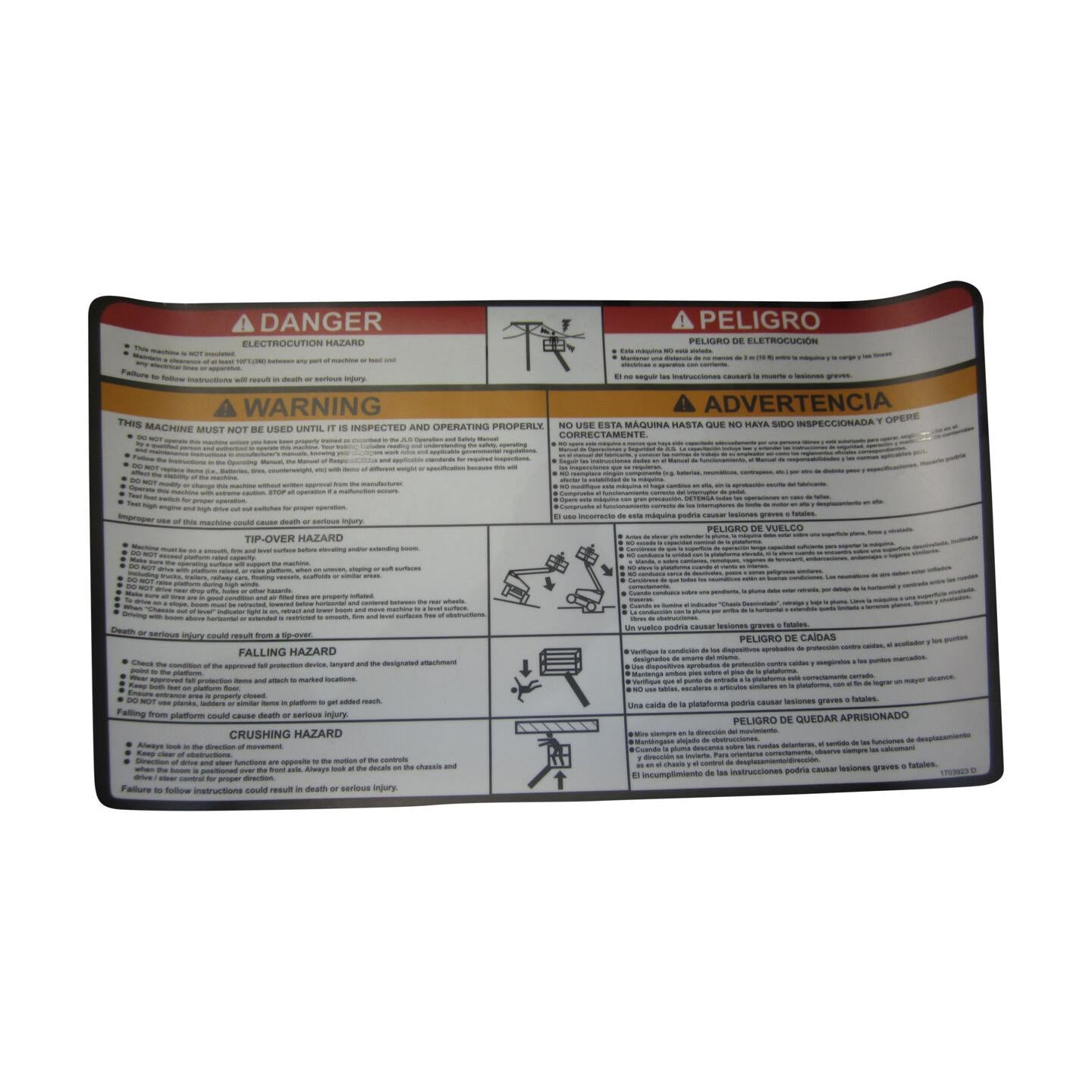 JLG Part # 1703923 - DECAL, WARNING PLT (DOM2)