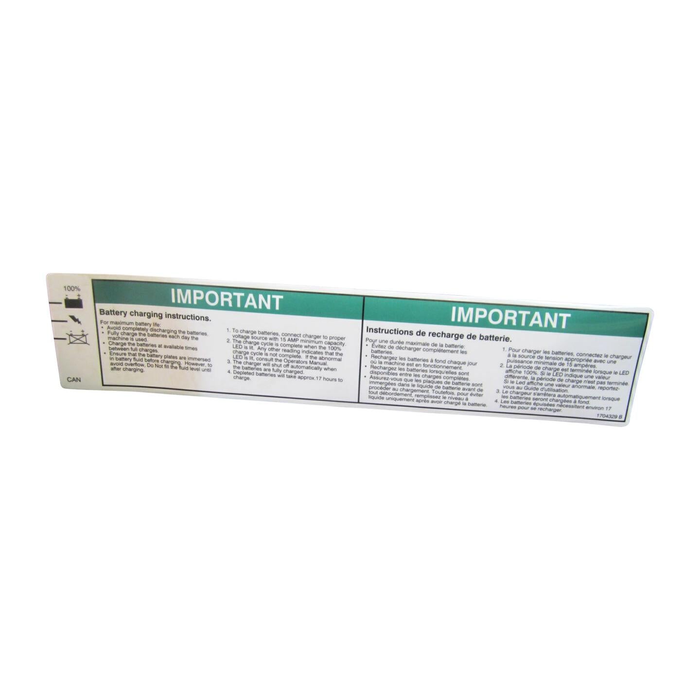 JLG Part # 1704328 - DECAL, BAT CHARGE INSTR (DOM2)