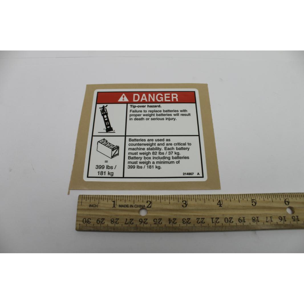 Genie Part # 214867, 214867GT - DECAL, BATT.TRAY/WEIGHT, GS-4047