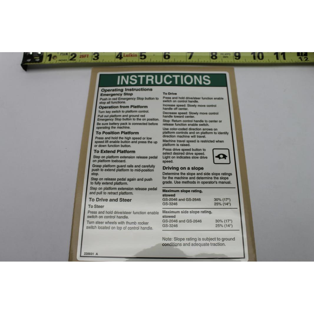 Genie Part # 228931, 228931GT - DECAL, OP INST, PCON, GS-46, ANSI