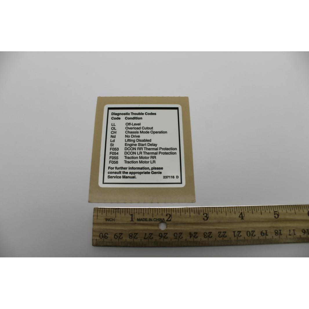 Genie Part # 237116, 237116GT - DECAL,LABEL,FAULT CODES,69DC