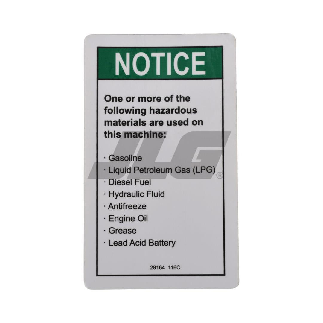 JLG Part # 28164 - Genie-NOTICE HAZARDOUS MAT'LS