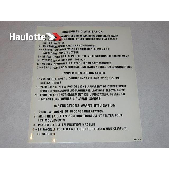 Haulotte Part # 3078134280 - OPERATING INSTRUCTION LABEL