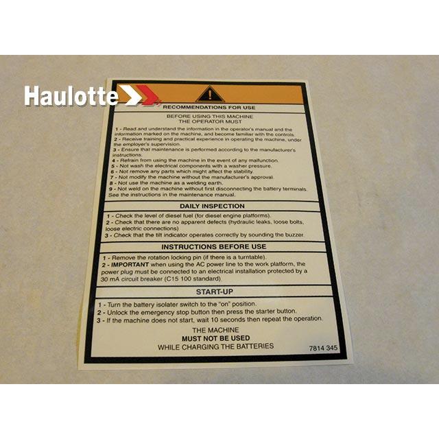 Haulotte Part # 3078143450 - OPERATING INSTRUCTION LABEL