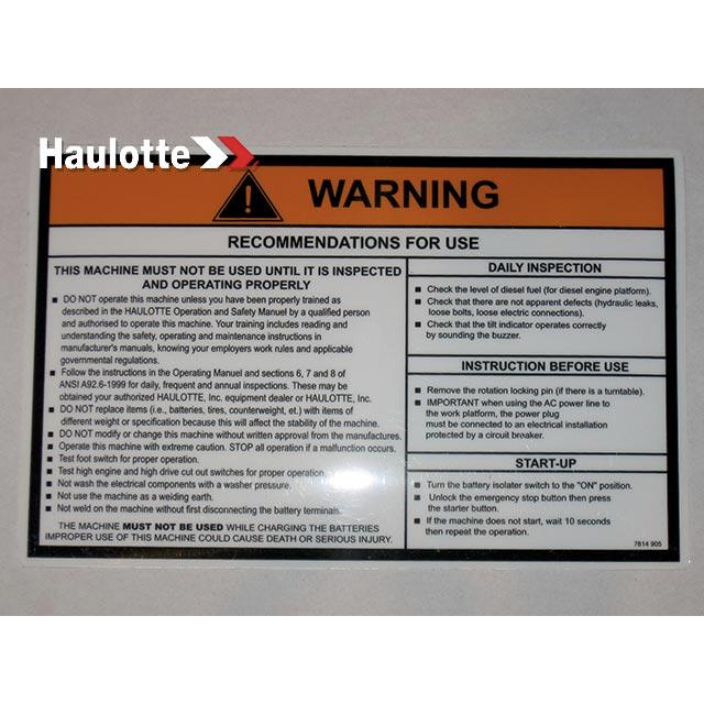 Haulotte Part # 3078149050 - OPERATING INSTRUCTION LABEL