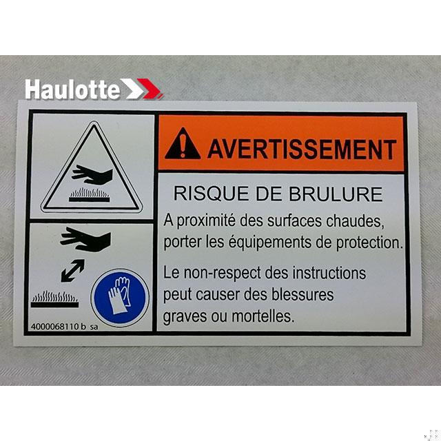 Haulotte Part # 4000068110 - HAND INJURY LABEL