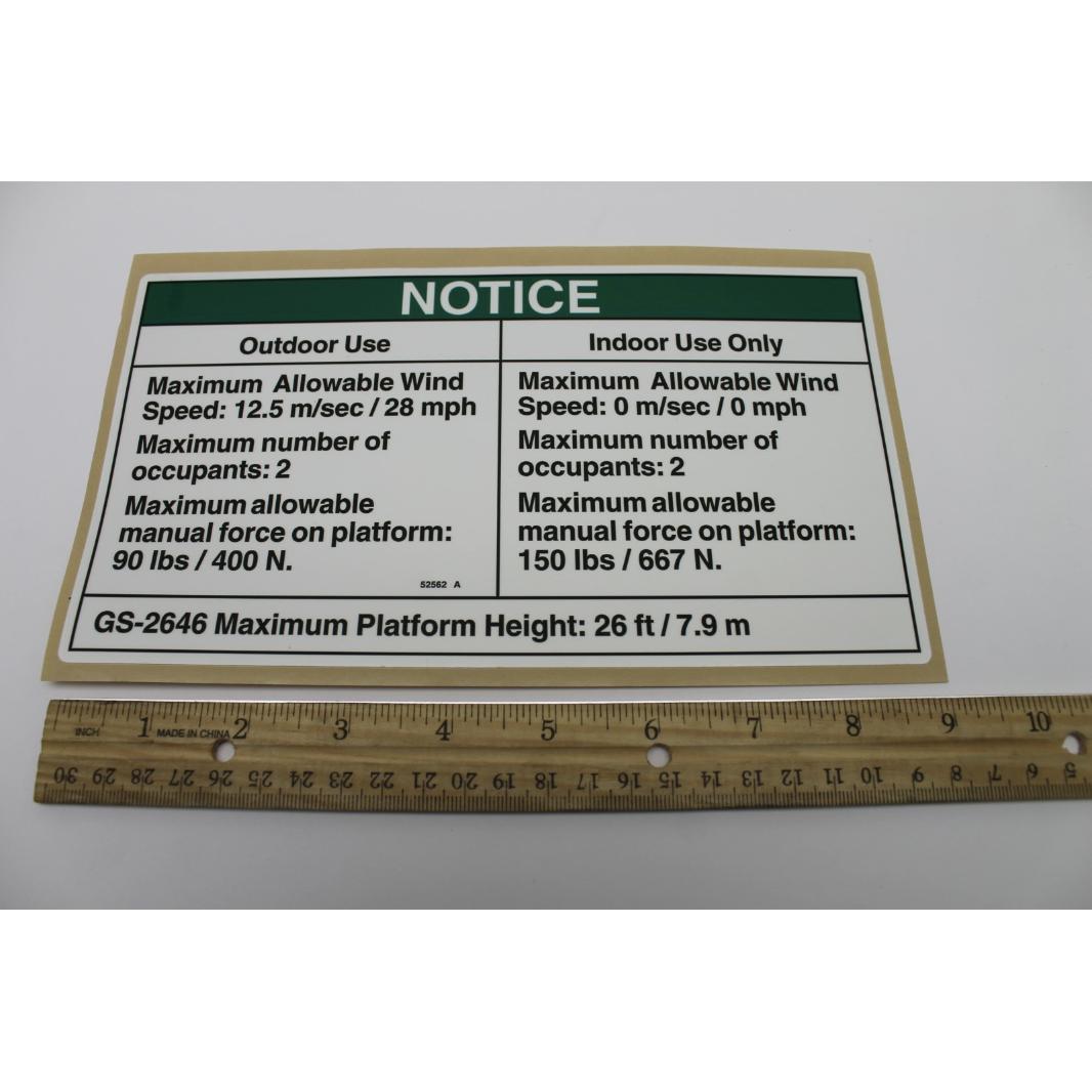 Genie Part # 52562, 52562GT - DECAL, NOTICE, SIDE FRC, 2646CE