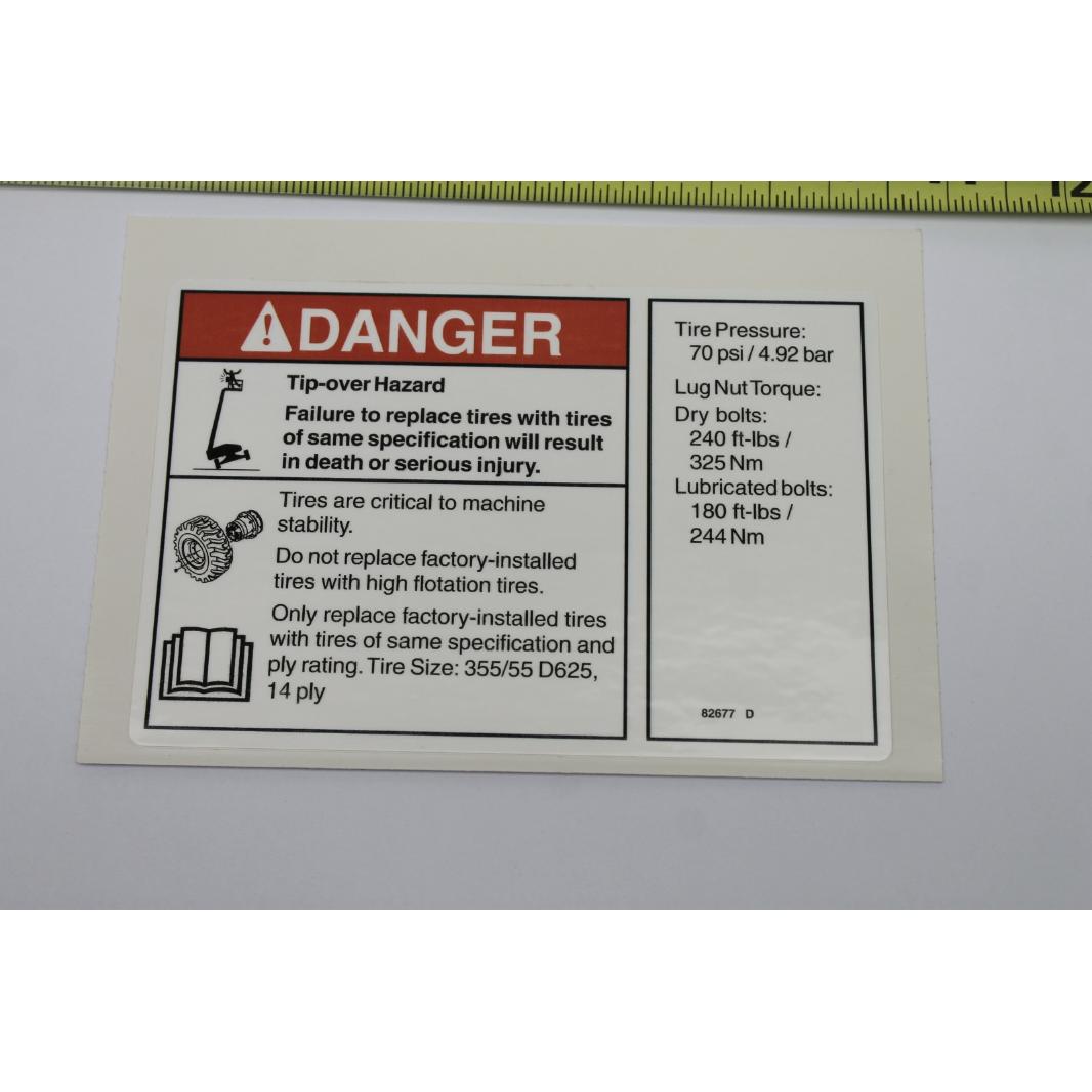 Genie Part # 82677, 82677GT - DECAL, DANGER/LABEL, TIRE SPECS