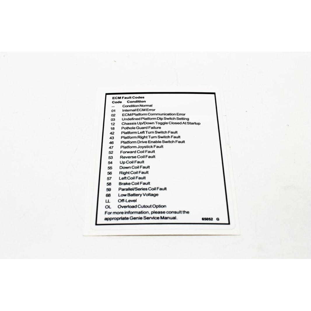 Genie Part # 65052, 65052GT - DECAL,LABEL,FAULT CODES