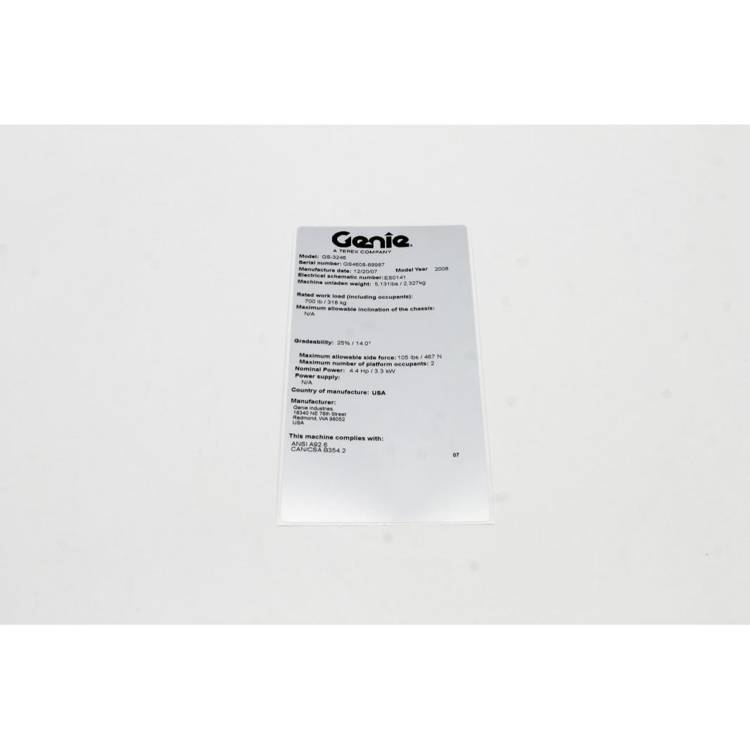 Genie Part # 77046, 77046GT - SERIAL LABEL, MYLAR 4X8***