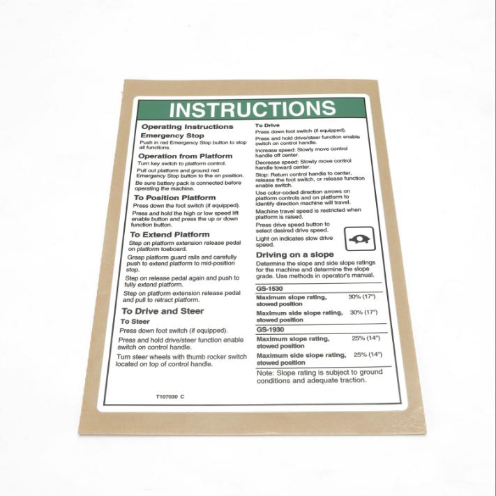 Genie Part # T107030, T107030GT - DECAL, OP INST, PCON, GS-30, ANSI